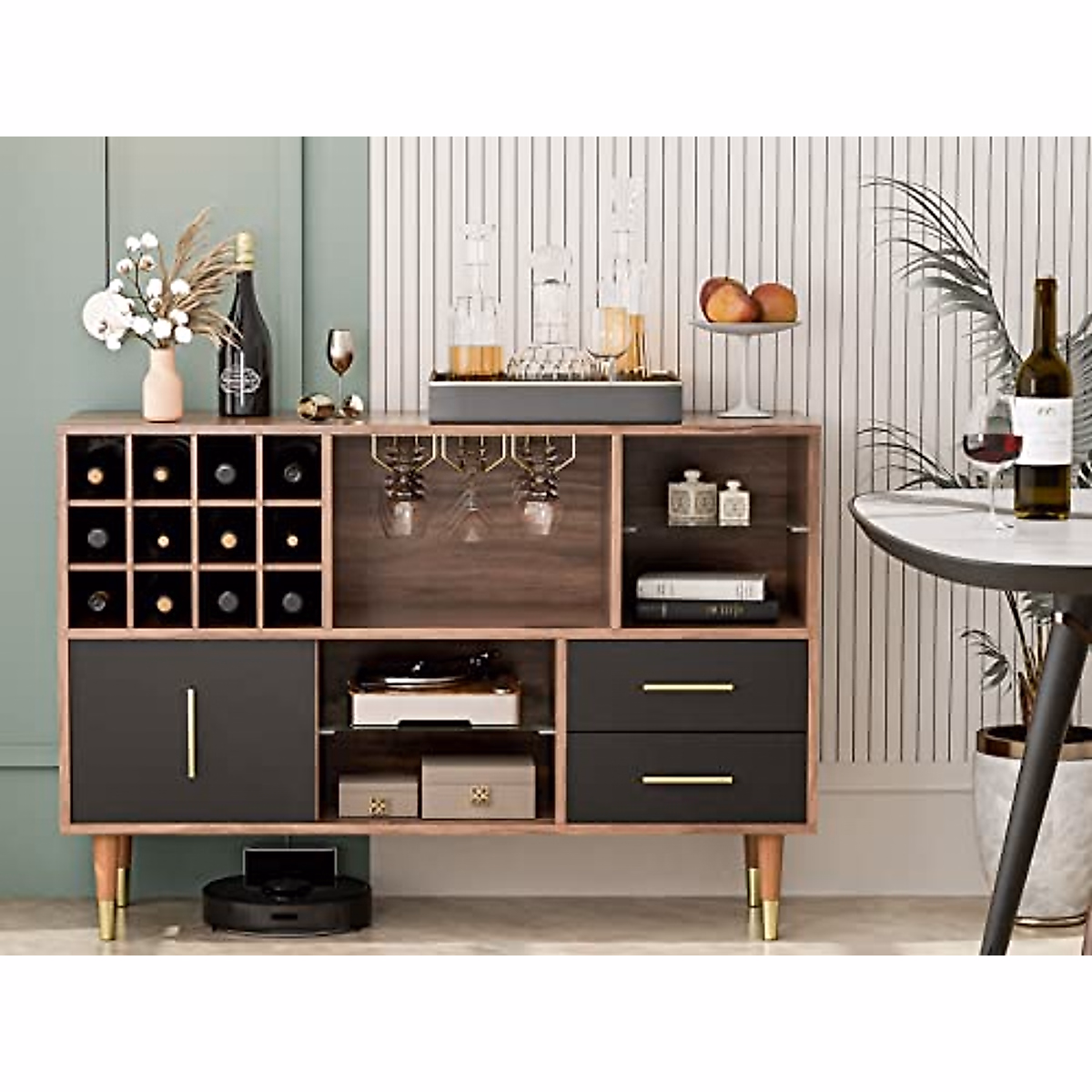 IKIFLY Accent Buffet Sideboard with Storage, Wood Cabinet Server Cupboard with 12 Wine Bottle Rack, Stemware Holder and Drawers, Console Table for Kitchen Living Room, 47 Inch - Walnut/Black