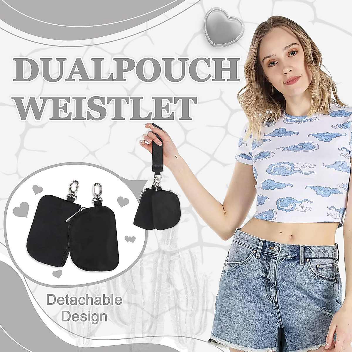 Mini Zip Around Wristlet Wallet for Women, Small Keychain Wallet Dual Pouch Portable Detachable Coin Purse Card Holder, Mini Pocket Key Chain Wristlet Wallet Ideal Birthday Gift(Pink+White)