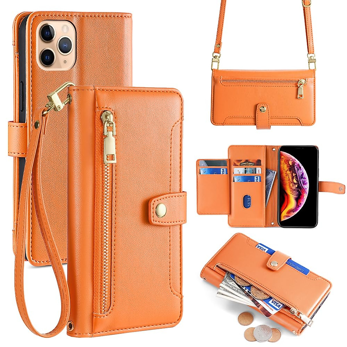 Arseaiy Wallet Case for Honor V20/view 20 Flip Phone Case with Crossbody Strap Magnetic Handbag Zipper Pocket PU Leather Shockproof with Kickstand Phone Shell Orange