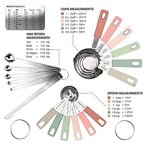 CuttleLab 22-Piece Stainless Steel Measuring Cups and Spoons Set, Tad Dash Pinch Smidgen Drop Mini Measuring Spoons, Measuring Stick Leveler, Measurement Conversion Chart Fridge Magnet, (Country Chic)