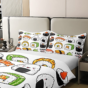 100% Natural Cotton Sushi Pattern Bedding Set Twin, Japanese Style Duvet Cover, Food Theme Comforter Cover Set For Kids Boys Girls Teens, Cute Cartoon Japanese Sushi Bedding Room Decorative