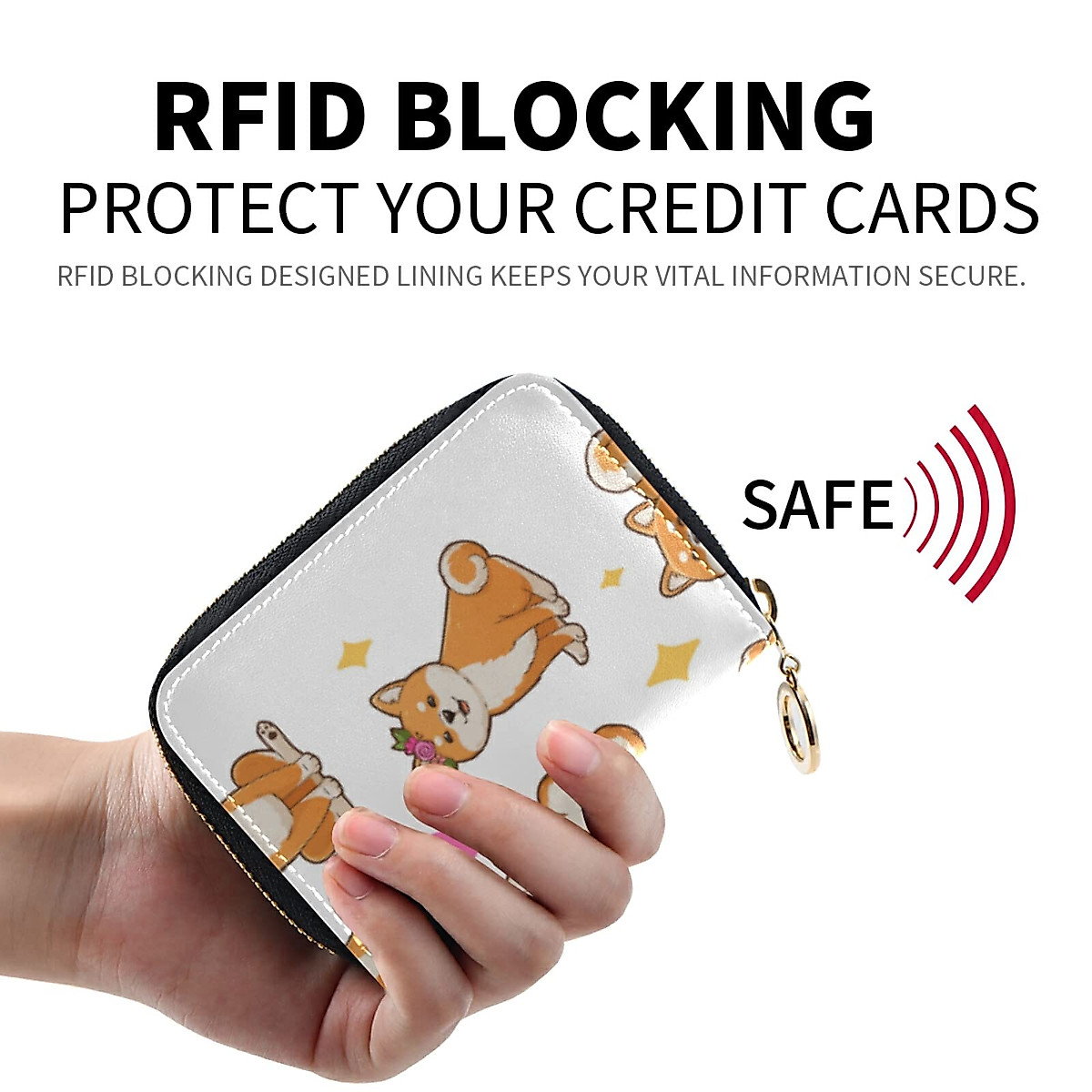 Funny Orange Shiba Inu Dogs in Different Poses on White Grey Credit Card Coin wallet, RFID Blocking Compact Women Leather Card Holder, Key Change Organizer, Zipper Purse Clutch Pouch