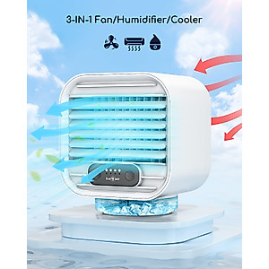 Portable Air Conditioner, 3-in-1 Mini Air Conditioner with 3 Speeds, Built-in 2000mAh Battery and Removable Water Tank, Quiet Personal Air Cooler Easy to Carry for Home Dorm Office Outdoors