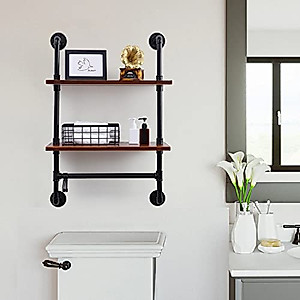 2 Tier Bathroom Floating Shelves with Industrial Pipe, 36 Inch Rustic Wood Wall Mounted Over Toilet Shelves with Towel Bar and Hooks, Wall Shelves for Bookshelf Kitchen Bar Living Room