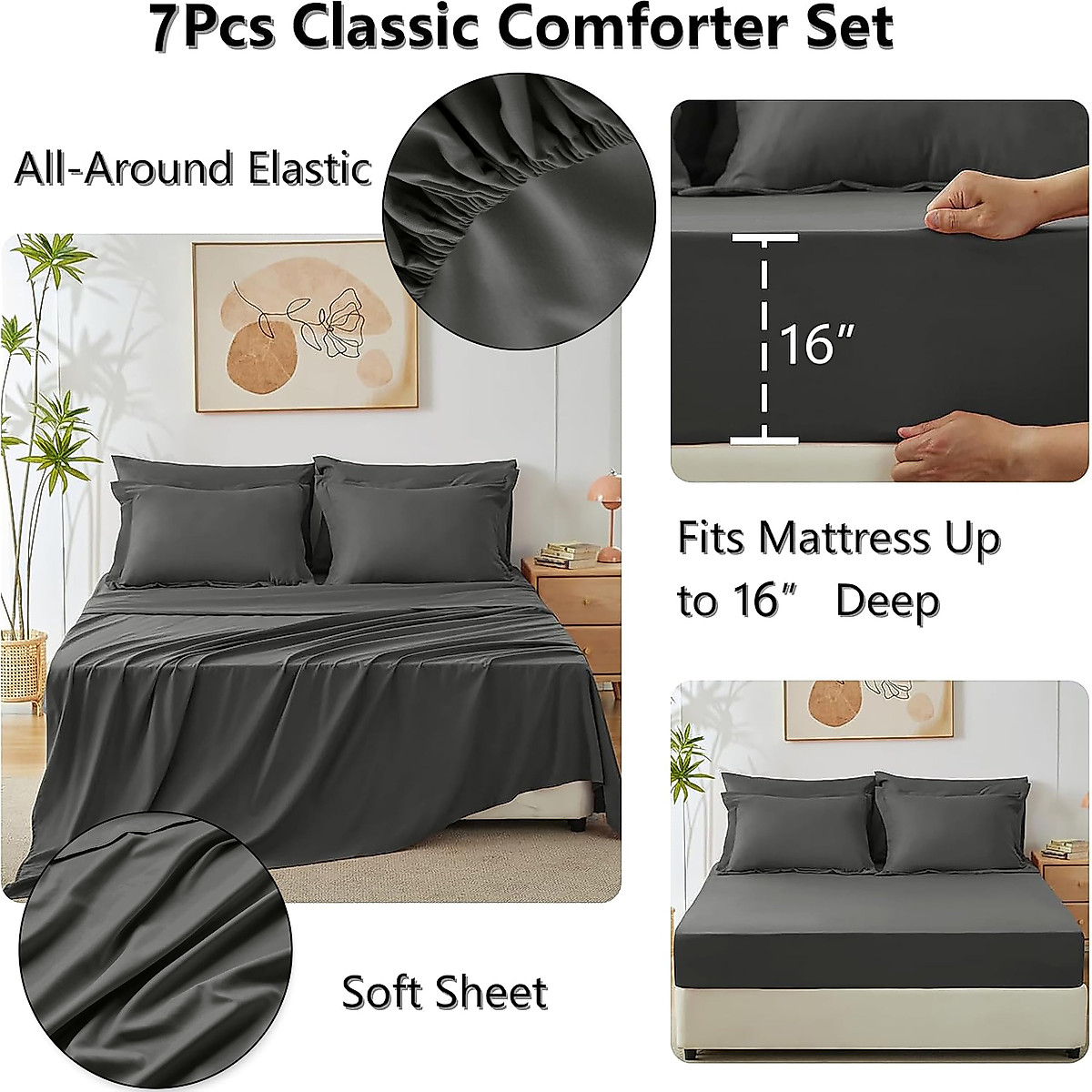 Sleepdown Bed in a Bag Twin Comforter Set with Sheets - 5 Piece, All Season Kids Twin Bedding Sets with Comforter Set for Girls and Boys, Flat Sheet, Fitted Sheet, Pillowcase & Sham (Dark Gray, Twin)