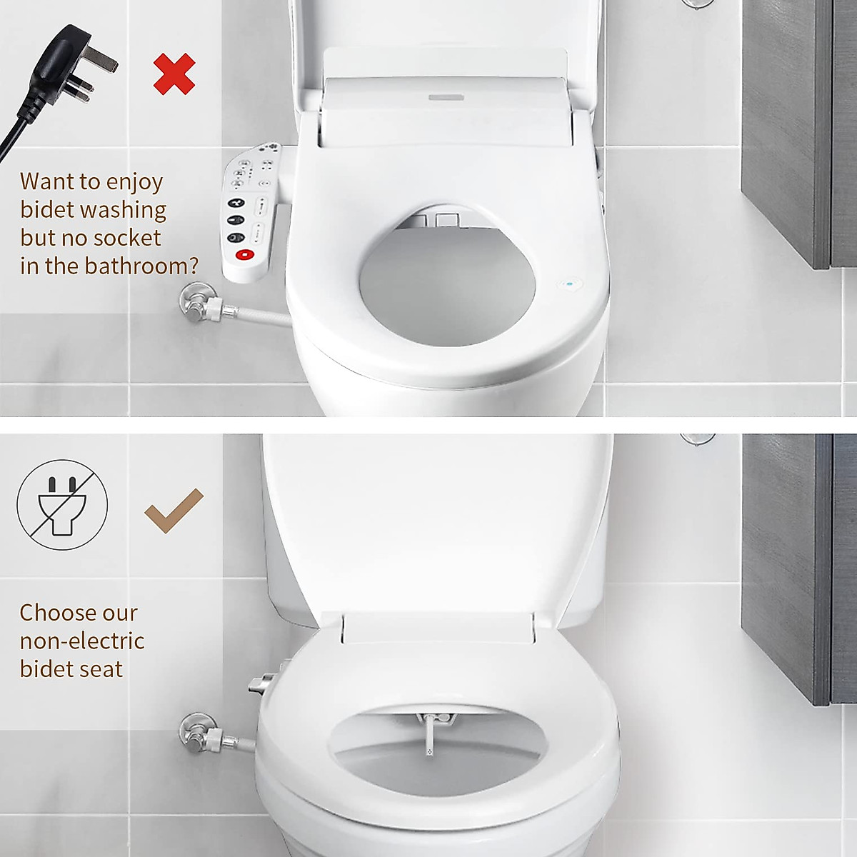 R&T Non-Electric Bidet Toilet Seat Elongated Self-Cleaning Dual Spray Nozzles for Rear & Feminine Wash