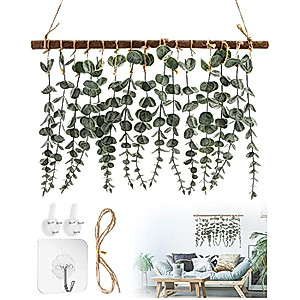 MOVNO Eucalyptus Wall Hanging Decor - Artificial Cute Boho Wall Decor, Fake Eucalyptus Leaves Greenery with Wooden Stick for Living Room, Office, Nursery, Kitchen, Bedroom Wall Farmhouse Decoration-B
