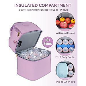 Mancro Breastmilk Cooler Bag with Ice Pack Fits 6 Baby Bottles, Insulated Baby Bottle Bag with Double Laye Design, Bottle Cooler for Baby Milk Suitable for Nursing Mom Daycare, Purple
