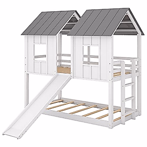 BOVZA House Bunk Beds with Slide, Twin Over Twin House Bunk Bed with Roof and Windows, Wood Low Playhouse Bunk Bed for Kids Boys Girls, White