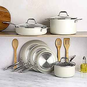 Goodful Ceramic Nonstick Cooking Set, Titanium-Reinforced Premium Non-Stick Coating, Dishwasher Safe Pots and Pans, Tempered Glass Steam Vented Lids, Stainless Steel Handles, 12-Piece, Cream