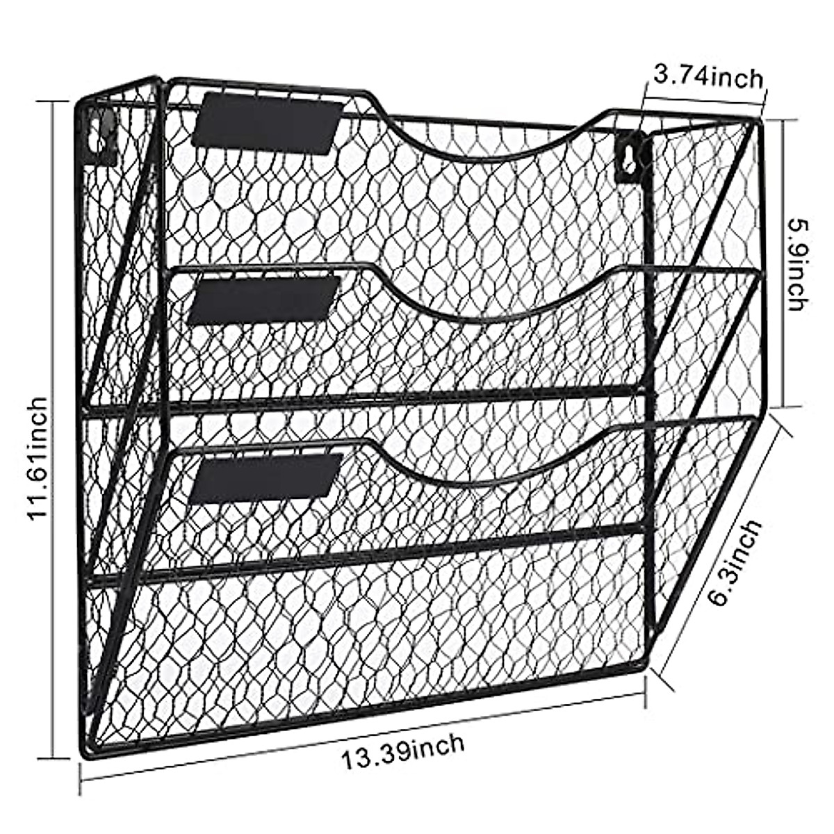 PAG Wall File Holder Hanging Mail Organizer Metal Chicken Wire Wall Mount Magazine Rack, 3-Tier, Black