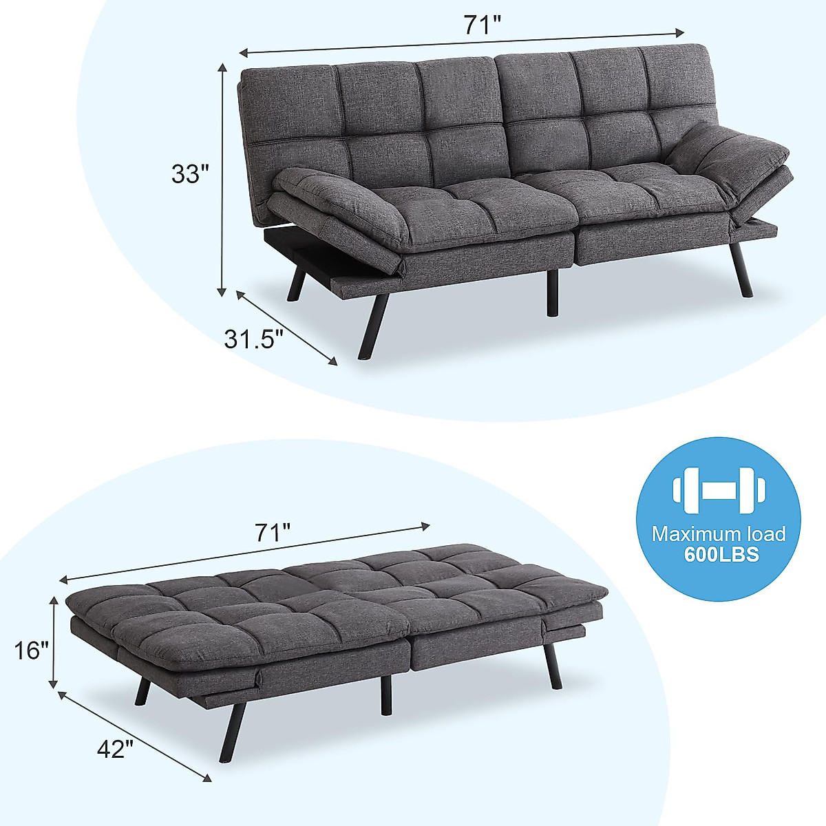 MUUEGM Modern lounge Sofa Bed, Dark Gray Linen Fabric Futon Couch, Convertible Foldable Memory Foam Sofa Bed, Small Sofa Bed with Loveseats for Living Room.(Dark Gray,Fabric)