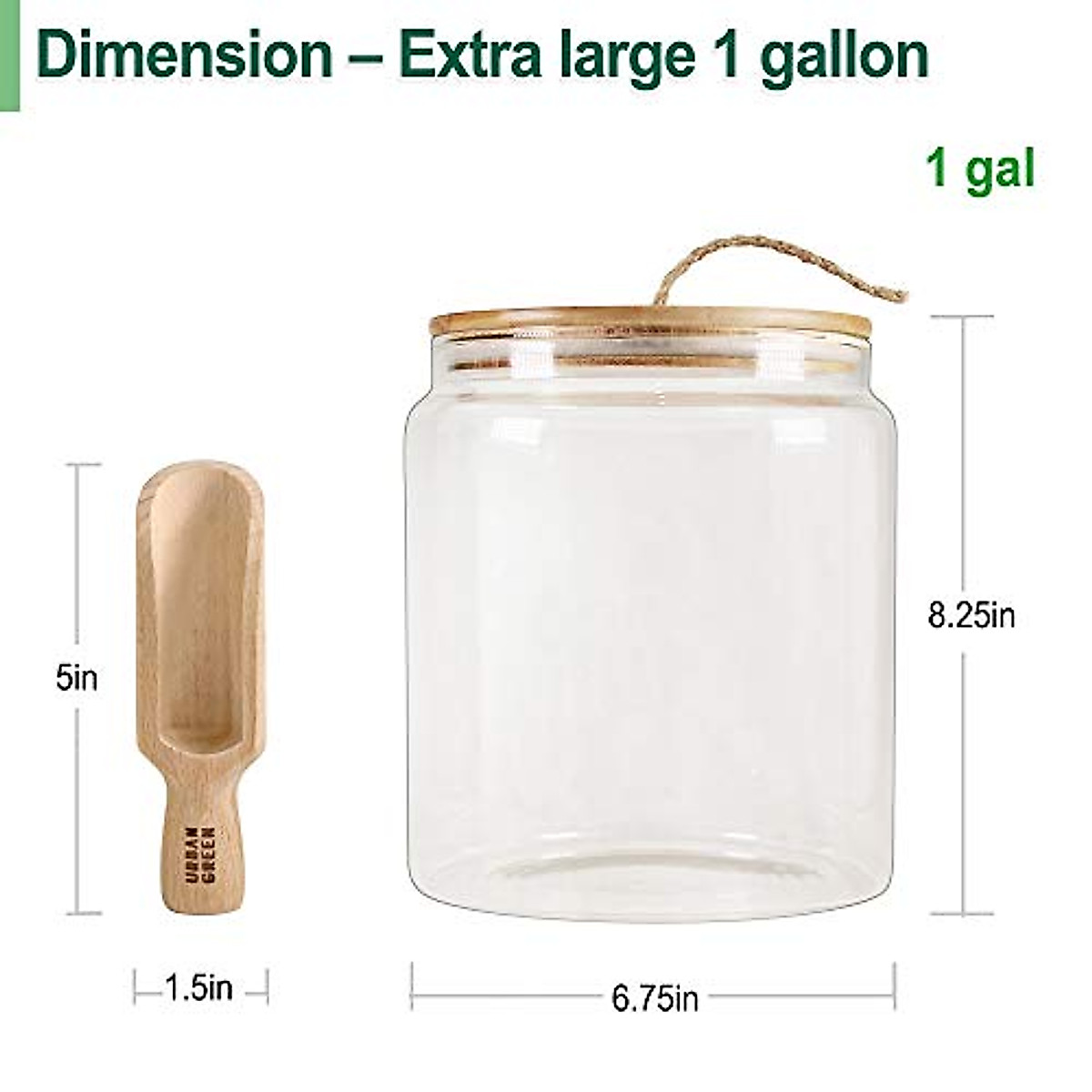 Urban Green Glass Jar with Bamboo Lid, Large Glass Food Storage Jar with Airtight Lid,1 gallon, Large Size Glass Food Storage Container, Flour Container, Kitchen Storage Jars for Candy, Cookie