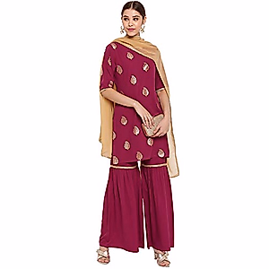 Janasya Indian Women's Magenta Poly Crepe Kurti With Sharara And Dupatta(SET250-KR-SHA-M)