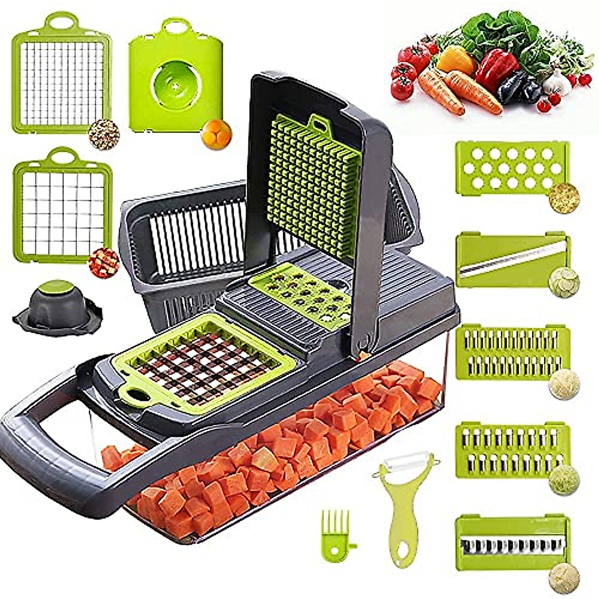 Alrens Vegetable Chopper Mandoline Slicer Cutter and Grater 11 in 1 Vegetable Slicer Potato Onion Veggie Chopper Dicer with Container Gray