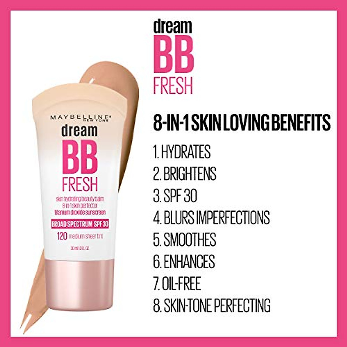 Maybelline Dream Fresh Skin Hydrating BB Cream, 8-in-1 Skin Perfecting Beauty Balm With Broad Spectrum Spf 30, Sheer Tint Coverage, Oil-Free, Deep, 1 Fl Oz