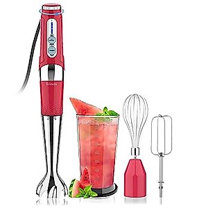 3-in-1 Immersion Hand Blender: 3-Angle Adjustable with Variable 21-Speed Control, Powerful Hand Blender Electric for Milkshakes | Smoothies | Soup| Puree | Baby Food (Red)