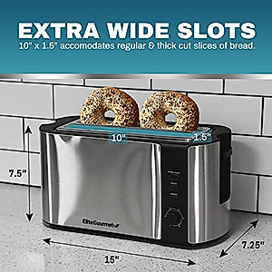 Elite Gourmet ECT-3100## Long Slot 4 Slice Toaster, Reheat, 6 Toast Settings, Defrost, Cancel Functions, Built-in Warming Rack, Extra Wide Slots for Bagels Waffles, Stainless Steel & Black