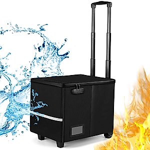 Fireproof File Box with Wheels and Telescopic Handle, Foldable Utility Cart Folding Portable Rolling Crate, Fireproof Document Organizer File Cabinet for Travel Office Use(Black)
