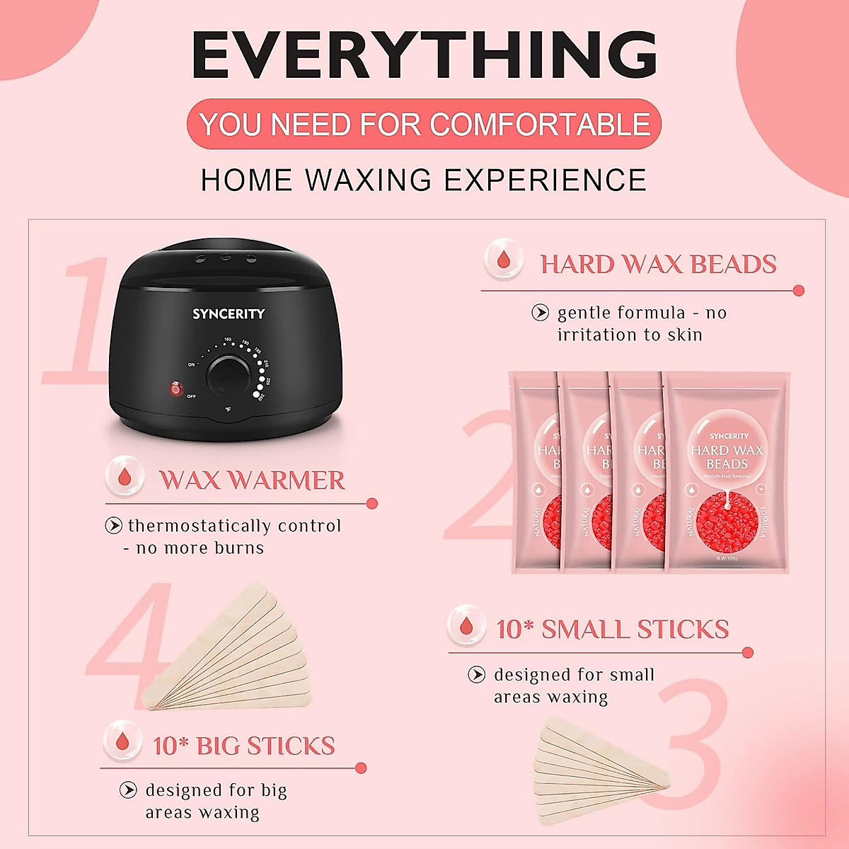 Syncerity Hair Removal Waxing Kit for Sensitive Skin, All-In-One Home Wax Kit with 4 Bags Wax Beads for Hair Removal, Hard Wax Kit for Fine Coarse Body Hair, Brazilian Bikini Face Legs
