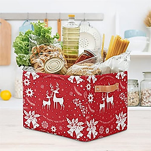 Cute Christmas Decor Storage Basket Bins Cubes Organizer Xmas Red and White Deer Foldable Storage Box with Leather Handles Collapsible Closet Storage Bins for Shelves Kids Toys Closets Nursery Bedroom