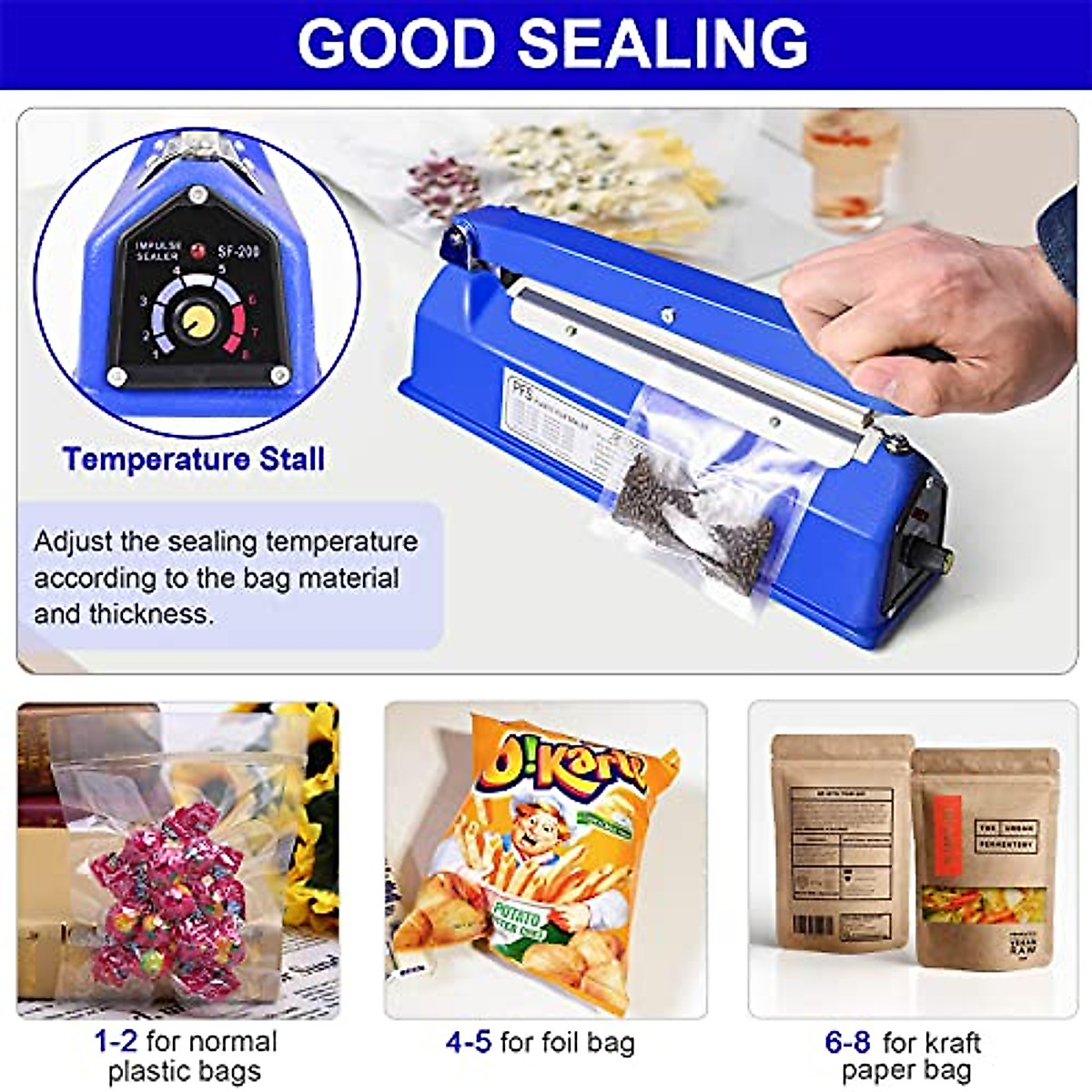 Suteck 8 inch Impulse Bag Sealer, Manual Poly Bag Sealing Machine w/Adjustable Timer Electric Heat Seal Closer with 50Pcs 4X6 Inch Shrink Wrap Bag and 2 Free Replacement Kit (Sapphire)