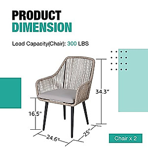 Patiorama Outdoor Dining Chairs, Patio Dining Chair Set of 2, All-Weather Woven Rope Rattan Wicker Chairs, Patio Club Chairs, Outside Chair Seating with Arms and Cushions for Lawn Backyard Pool(Tan)