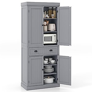 Tangkula 72" H Kitchen Pantry Cupboard Cabinet, Traditional Freestanding Large Tall Storage Cabinet with 2 Cabinets and Drawer, Adjustable Shelves, for Living Room Kitchen, 30 x 16 x 72 Inch