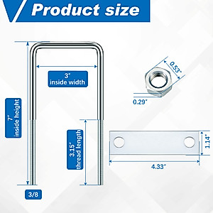 8 Sets Square U Bolts, Carbon Steel Zinc Plated U Clamp Bolt with Nuts and Frame Plates for Sailboat Trailers, Tube, Industrial Supplies, 3/8 x 3 x 7 Inches