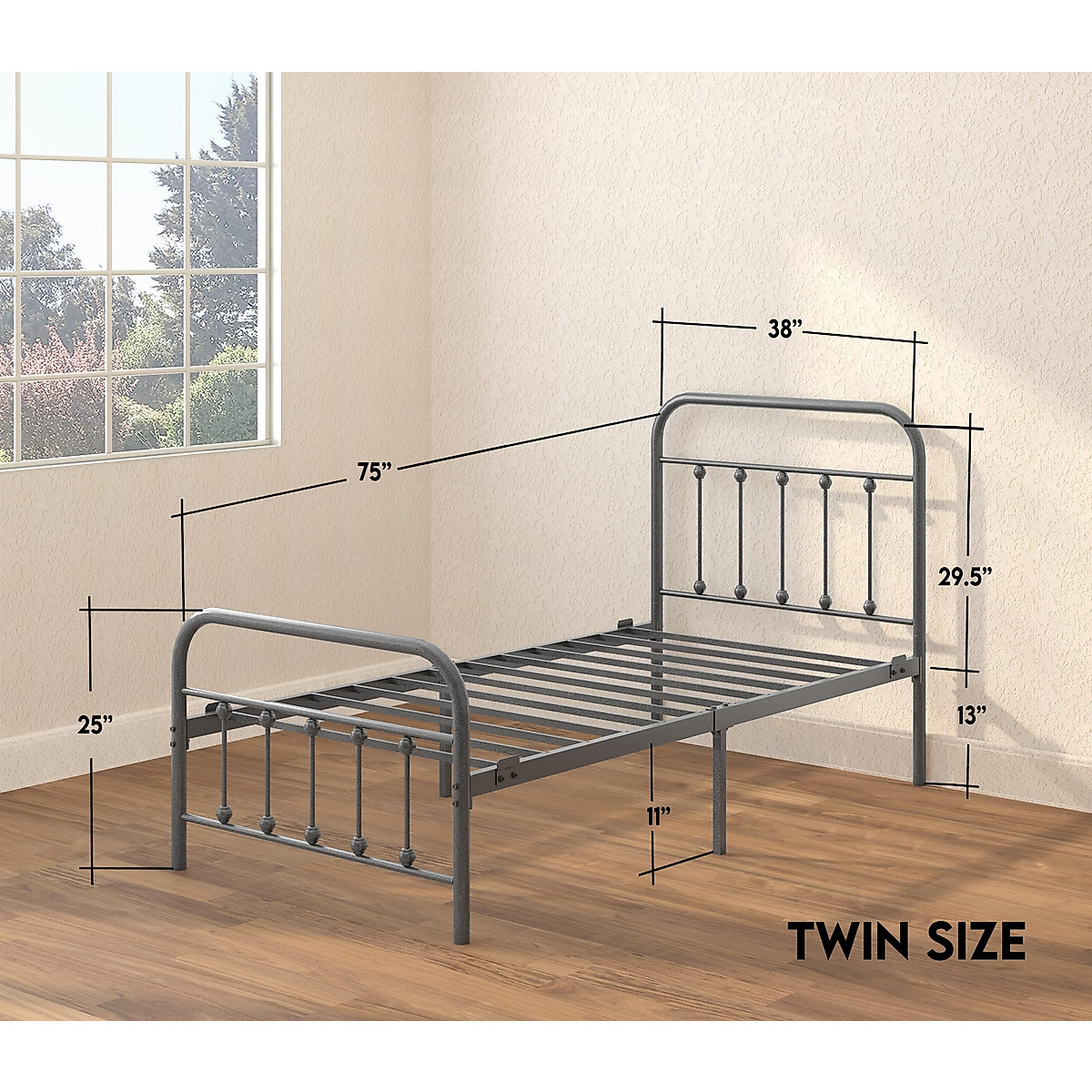 AMBEE21 CastleBeds Vintage Twin Size Silver Iron Bed Frame with Headboard Footboard Wrought Rod Art Heavy Duty Steel Metal Platform Foundation Farmhouse Industrial Victorian Style 600 lbs Capacity