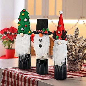Mocoosy 3PCS Gnome Christmas Wine Bottle Cover Toppers, Christams Tree Snowman Reindeer Santa Hat for Wine Bottle Christmas Table Decorations, Decorative Felt Bottle Gift Bags Xmas Holiday Home Decor