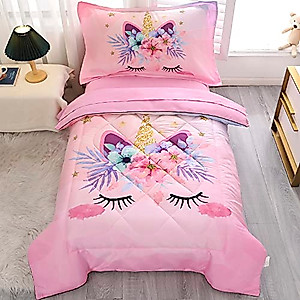 Pink Unicorn Toddler Bedding Set for Girls 4 Piece Flower Toddler Comforter Set for Kids Bed-in-a-Bag Bedspreads Quilt Toddler Bed Sheet Set with Quilted Comforter,Flat Sheet,Fitted Sheet,Pillowcase