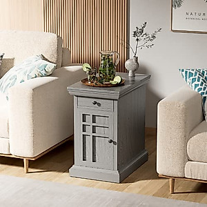 JUMMICO Side Table with Drawer & USB Ports & Power Outlets, End Table with Charging Station, Narrow Nightstand with Shelf for Small Space, Sturdy Storage Cabinet for Living Room Bedroom (Grey)