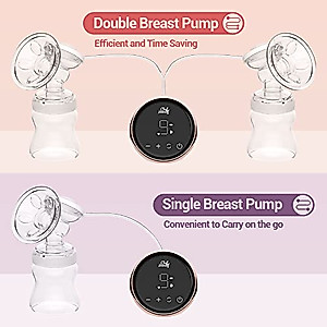 Electric Breast Pump, Portable Breast Pump with 2 Modes 9 Levels, Double Electric Breast Pump with 24mm 27mm Massage Flanges, Strong Suction hands free breast pump, come with 4 Breastmilk Storage Bags