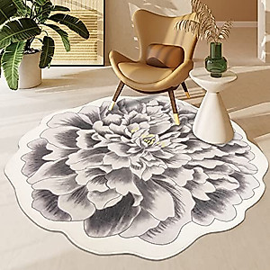 Lacomfy Modern Rug 4Ft Flower Rug Circle Bathroom Rug Floral Bedroom Carpet Round Rural Accent Rug Soft Peony Flower Farmhouse Floor Mat Laundry Mat for Indoor Home Decor Nonskid Washable Rug, Grey