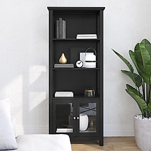 Merrick Lane Omaha Storage Cabinet Bookcase, Modern Farmhouse Cabinet with Open Shelves, Lower Storage Cabinet with Glass Doors, 67.75", Black