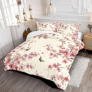 CCoutueChen Japanese Cherry Blossoms Duvet Cover Set King Size Pastel Pink Floral Comforter Bedding Set Nature Duvet Covers for Girls Women Adults Exquisite Flowers Duvet Cover with 2 Pillowcases