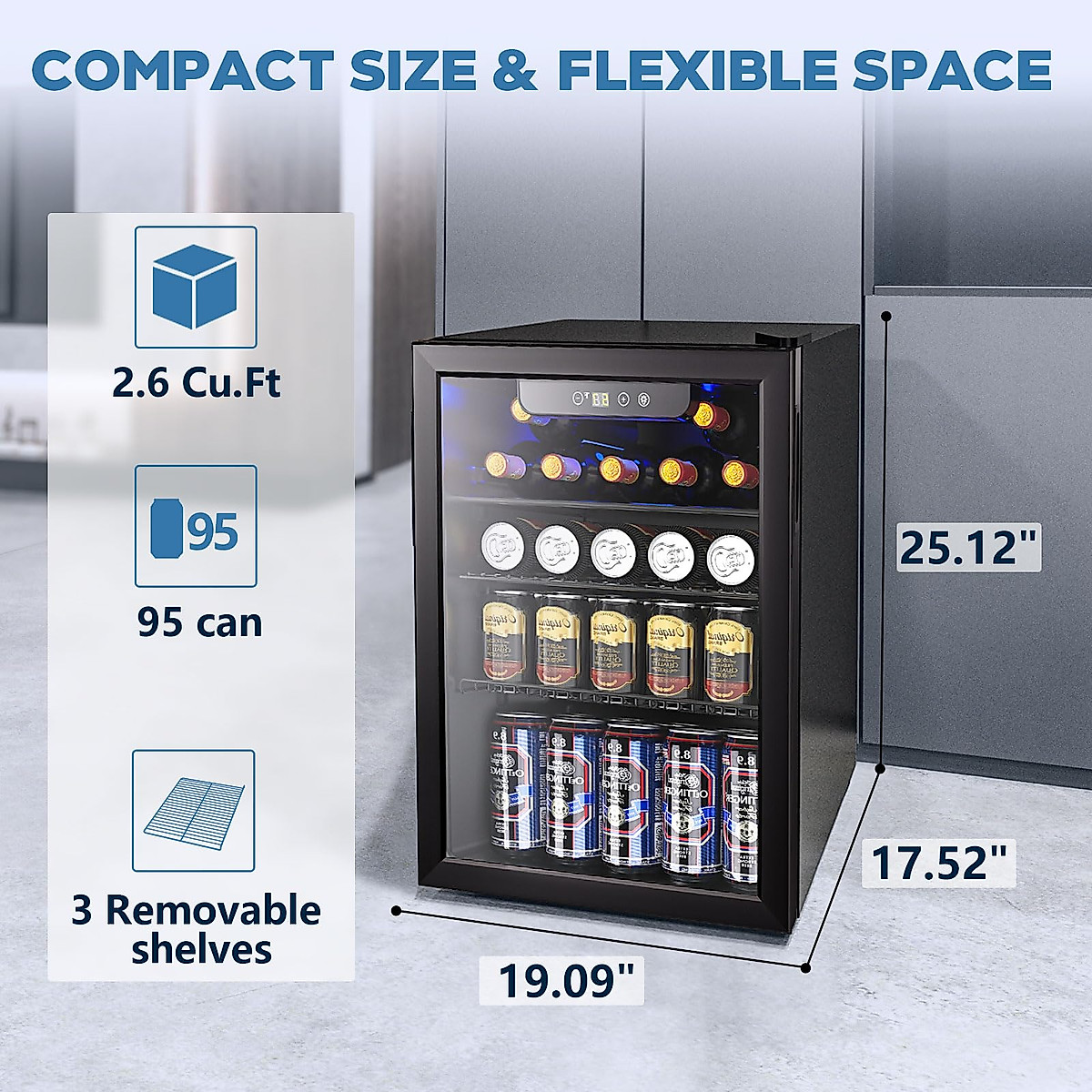 Joy Pebble Beverage Refrigerator Cooler,95 Can Mini Fridge with Glass Door for Beer Soda Wine, Small Drink Fridge with Adjustable Thermostat, Beverage Fridge for Bar Home Office,2.6Cu.Ft