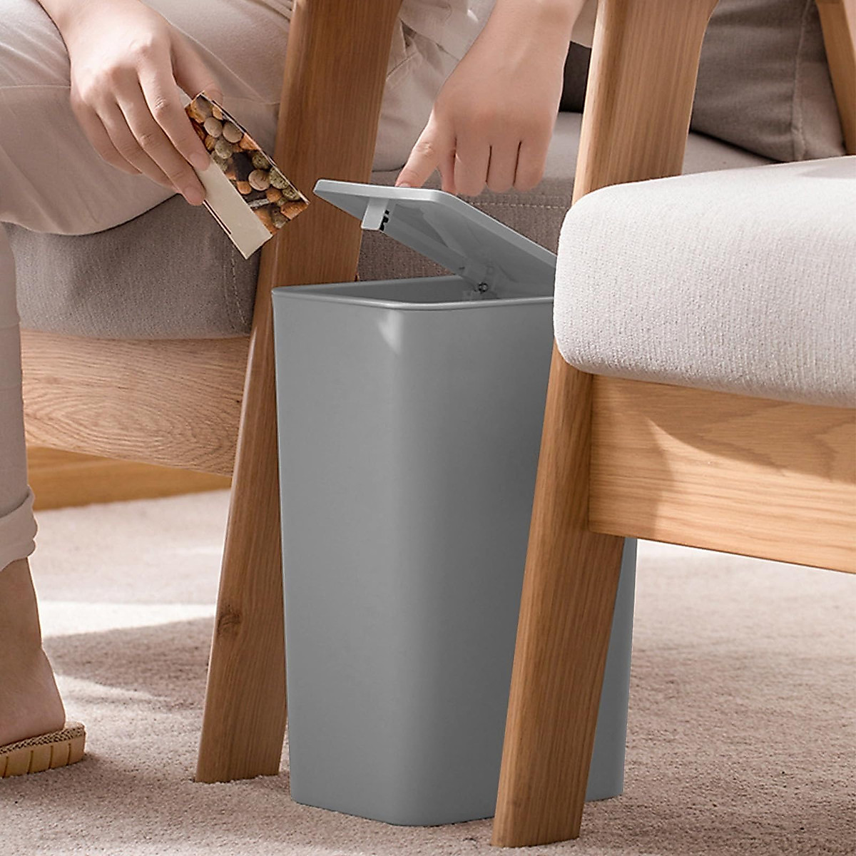 3 Gallon Trash Can with Lid, 12 Liters Slim Garbage Can with Press Top, Dorm Room Small Trash Bin, Plastic Waste Basket for Bathroom, Office, Bedroom, Kitchen, Living Room, Laundry (White)