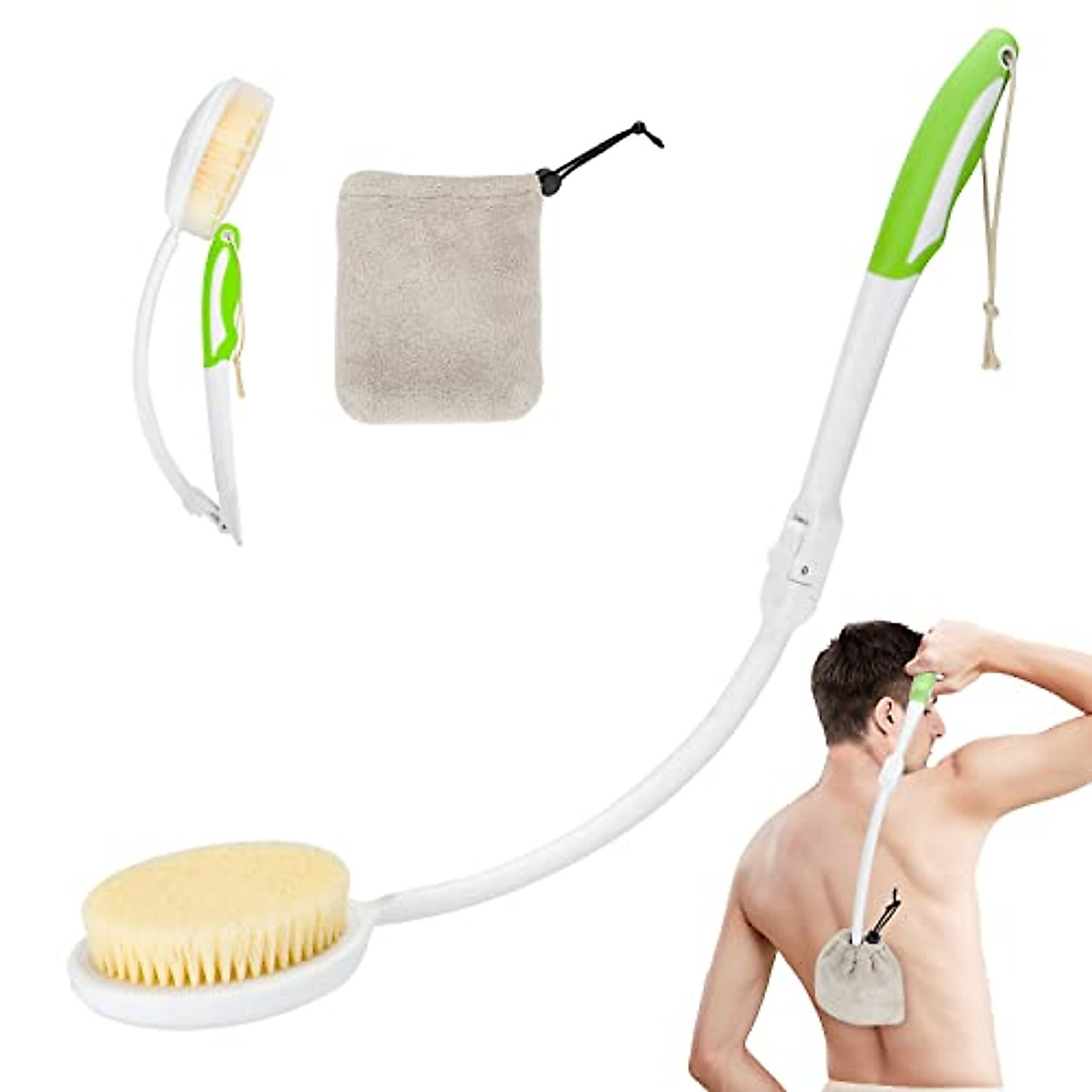Back Shower Brush for Men and Women, Bath Brush with Quick Dry Wrap, 23.5" Foldable Extra Long Handle Curved Body Cleaning Back Scrubber, Suitable for Elderly,Disabled,Seniors,Pregnant - LYIGEOL