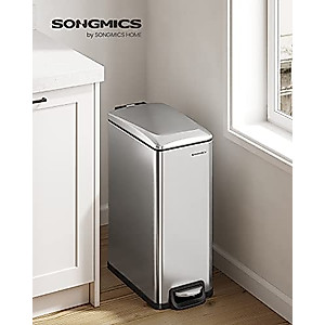 SONGMICS Slim Trash Can, 12.7 Gallon Garbage Can for Narrow Spaces with Soft-Close Lid, Inner Bucket, and Step-on Pedal, Stainless Steel, 15 Trash Bags Included, Silver ULTB510E48
