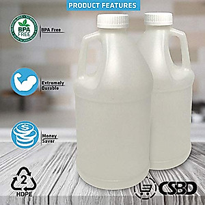 CSBD Clear Plastic Jugs with Child Resistant Lids, 2-Pack, Storage Containers with Ergonomic Handle, HDPE Construction for Residential or Commercial Use, 1/2 Gallon
