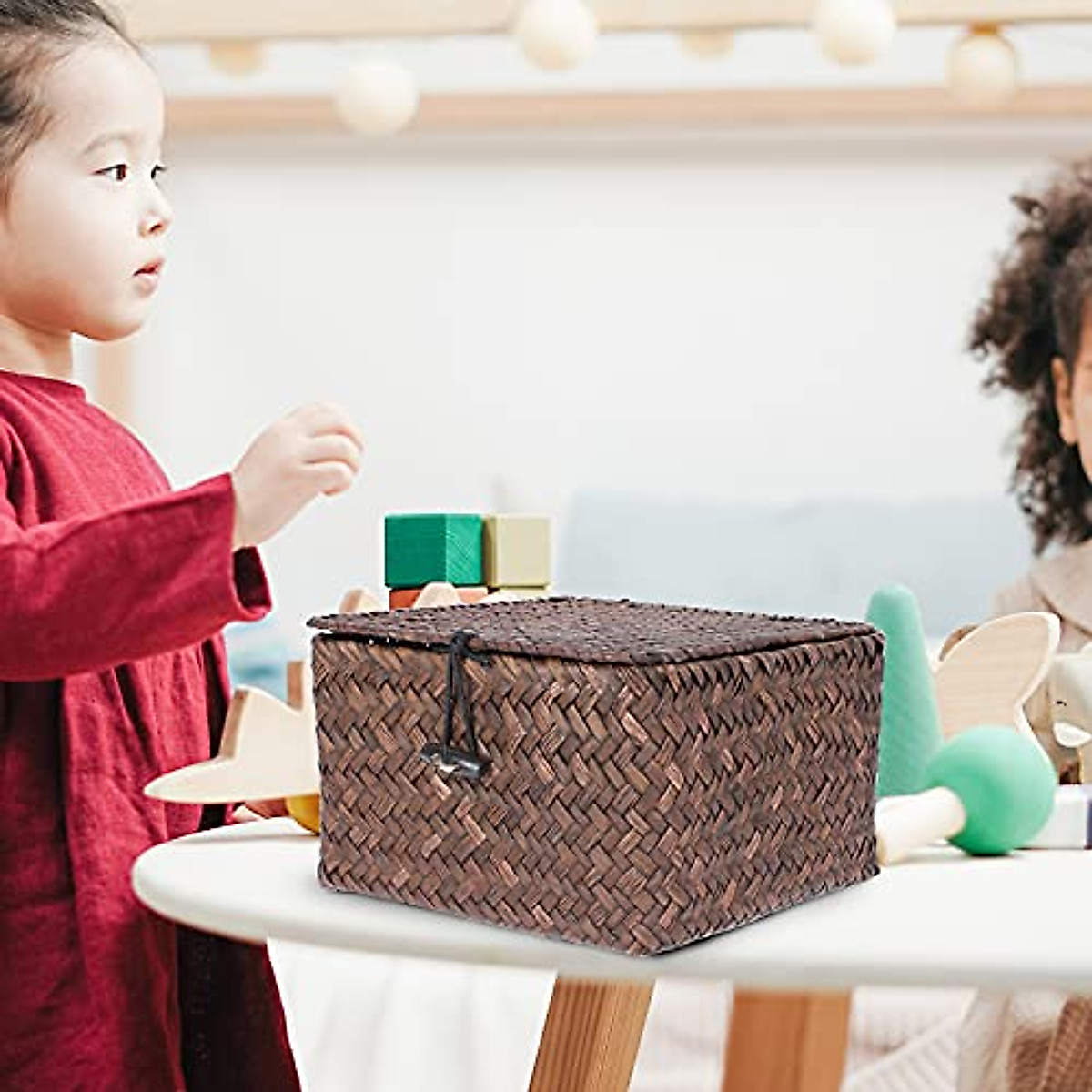 Cabilock Home Storage Basket 3 pieces Woven Basket Seagrass wicker basket with lid Decorative Storage Boxes With Lids Basket With Lid Rattan Storage Basket Rattan Storage Basket