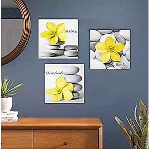 Genius Decor-Modern Yellow Gray Bathroom Wall Art Decor Zen Flowers Pictures Canvas Print Relax Soak Unwind Set of 3 (Yellow Gray)