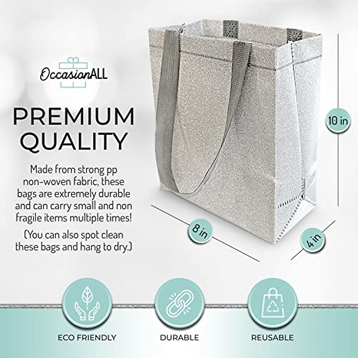 Silver Gift Bags - 12 Pack Medium Silver Reusable Gift Bag Tote with Handles, Glitter Metallic Bling Shimmer, Eco Friendly for Kids Birthdays, Bridesmaids, Party Favors, Grocery Shopping - 8x4x10