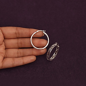 LeCalla 925 Sterling Silver Greek Key Pattern Hoop Earrings | Medium Lightweight Greek Wall Cut-Out Hoop Earrings for Women - 30MM
