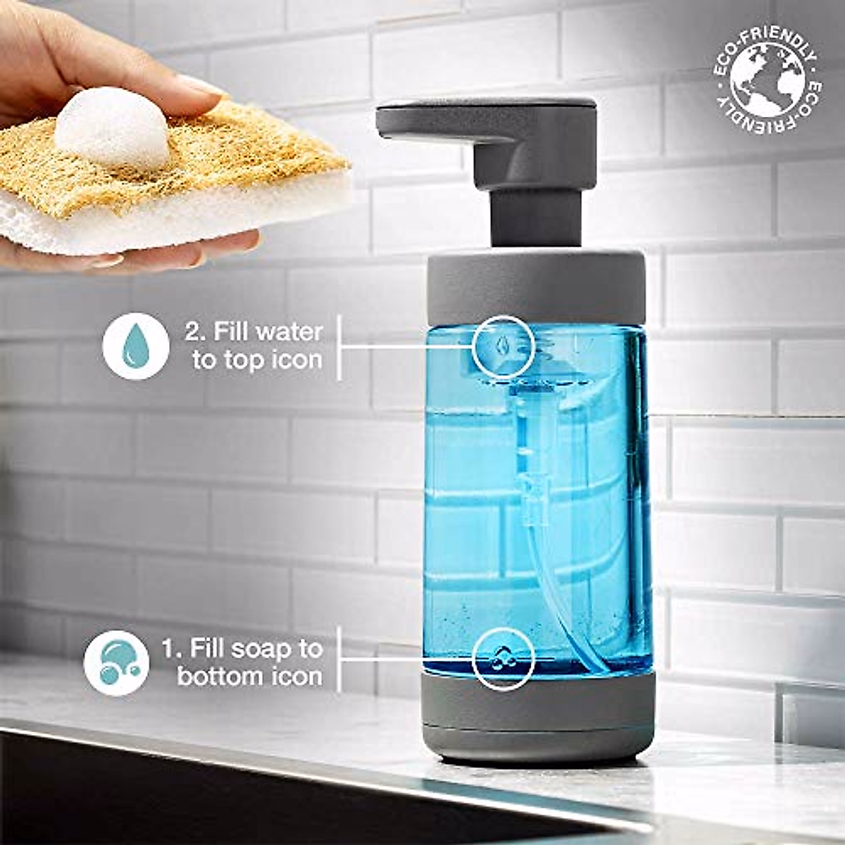 Madesmart Eco-Friendly Foaming Soap Pump for Kitchen Sinks, Foaming Liquid Soap Dispenser with Filling Markers, Gray