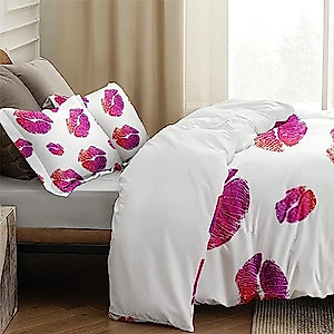 Duvet Cover Queen Size, Red Pink Sexy Makeup Bedding Set with Zipper Closure for Kids and Adults, Woman Valentine Purple Comforter Cover with 2 Pillow Shams for Bedroom Bed Decor
