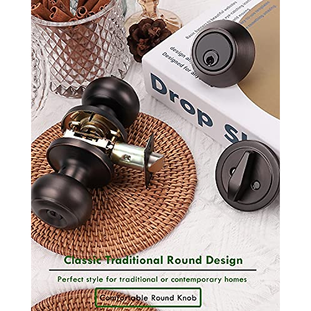 4 Pack Entry Door Knob and Deadbolt Set, Keyed Alike Oil Rubbed Bronze Exterior Door Knob with Single Cylinder Deadbolt Lock Set, Front Door Knob and Deadbolt for Entrance and Office Door