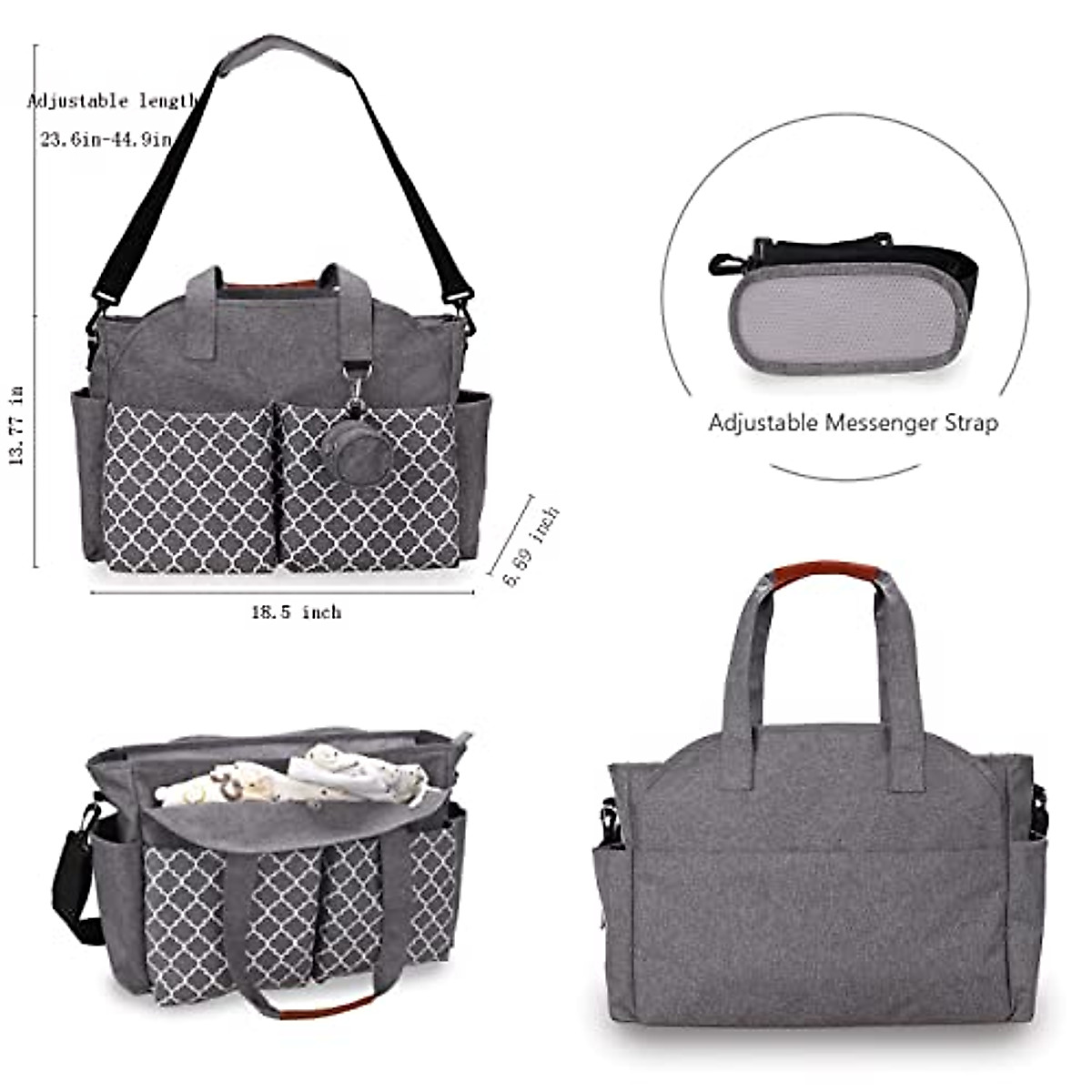 Diaper Bag Tote with Changing Station Upgrade Multi-Function Baby Bag with Adjustable Shoulder Strap Insulated Pockets (Gray)